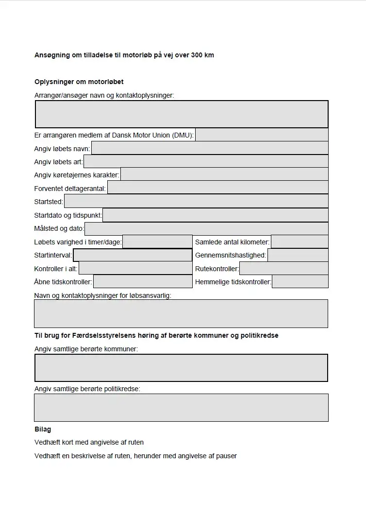 Ansøgning om tilladelse til motorløb på vej over 300 km